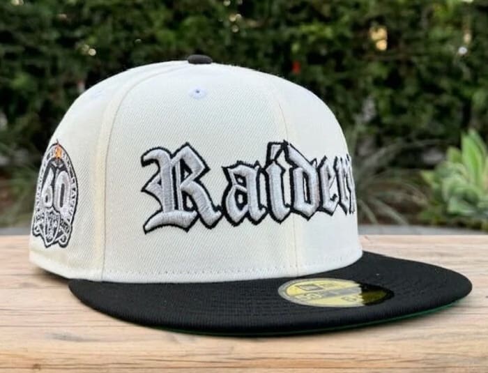Oakland Raiders 60th Anniversary Ivory Black 59Fifty Fitted Hat by NFL ...